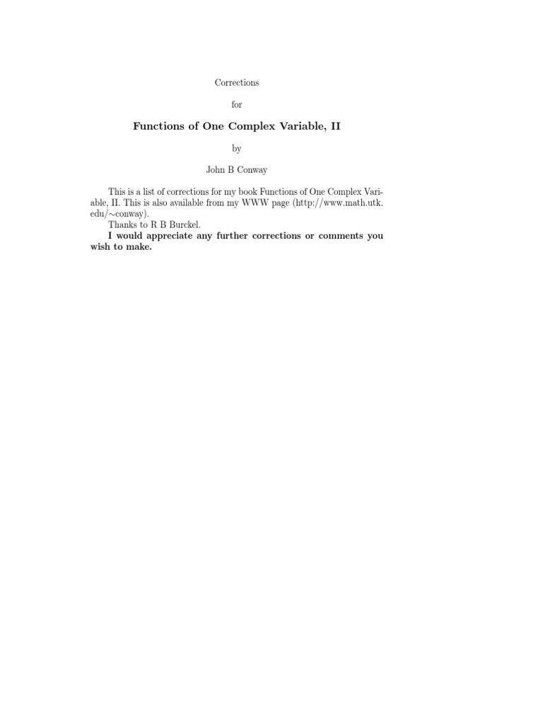 Conway J B Functions Of One Complex Variable Ii 1995 Errata Pdf Integer Theorem