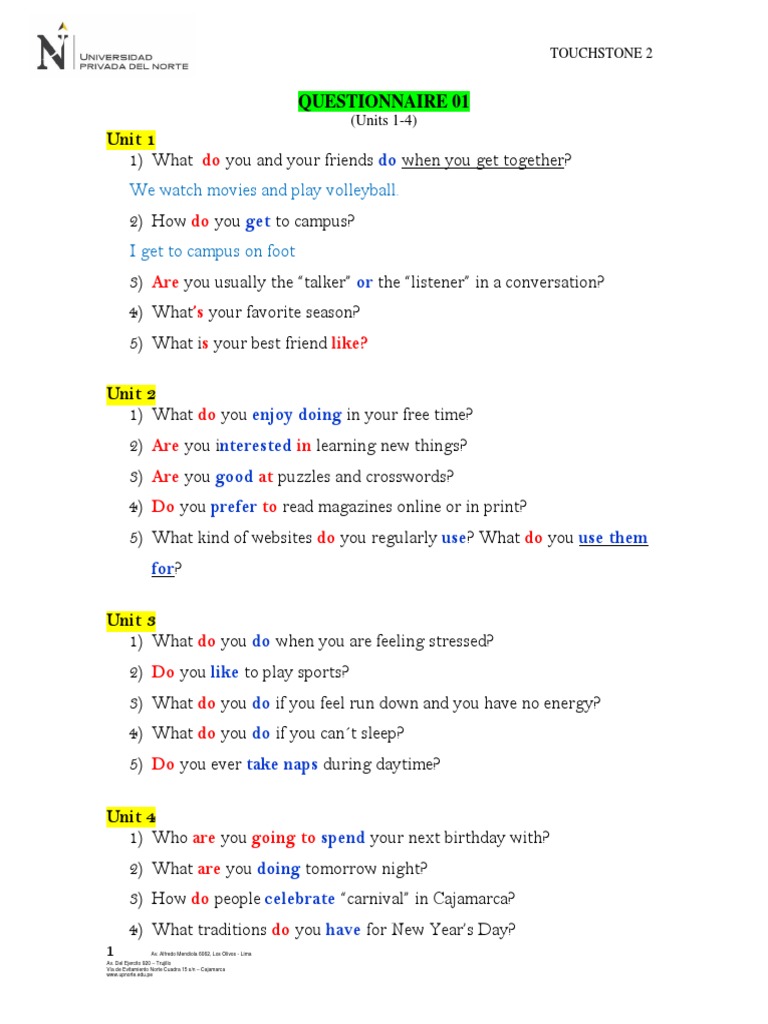 We Watch Movies and Play Volleyball.: Questionnaire 01 Unit 1 | PDF