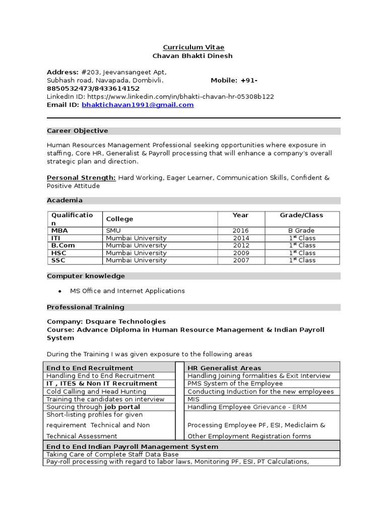 Bhakti Chavan CV For HR Profile | PDF | Human Resources | Recruitment