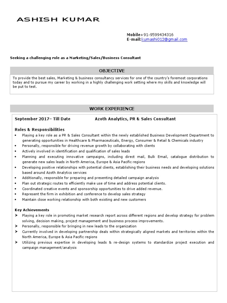 Ashish Kumar CV | PDF | Sales | Consultant