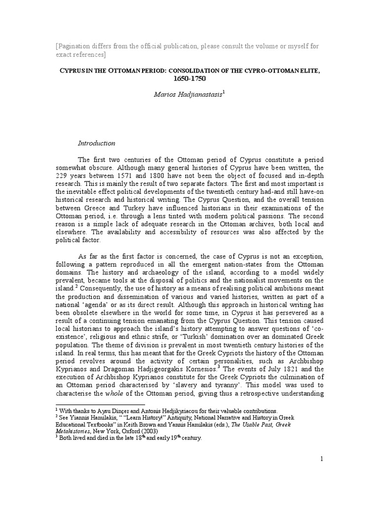 Cyprus in The Ottoman Period: Consolidation of The Cypro-Ottoman Elite ...