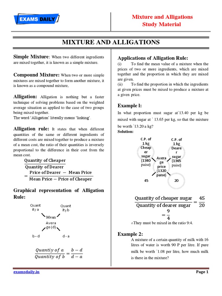 Mixture and Alligation PDF | PDF | Ratio | Solution