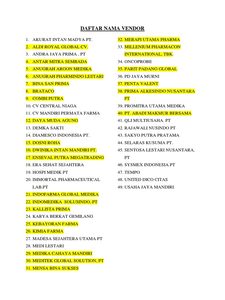 Daftar Nama Vendor | PDF