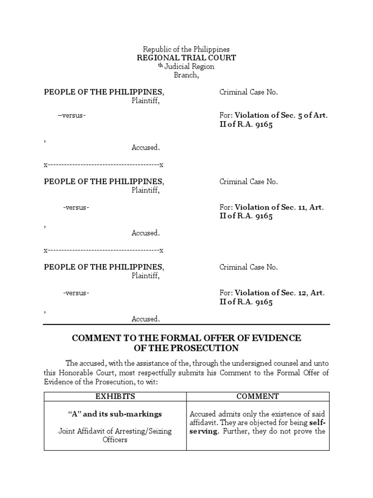 Comment To The Formal Offer of Evidence | PDF | Prosecutor | Affidavit