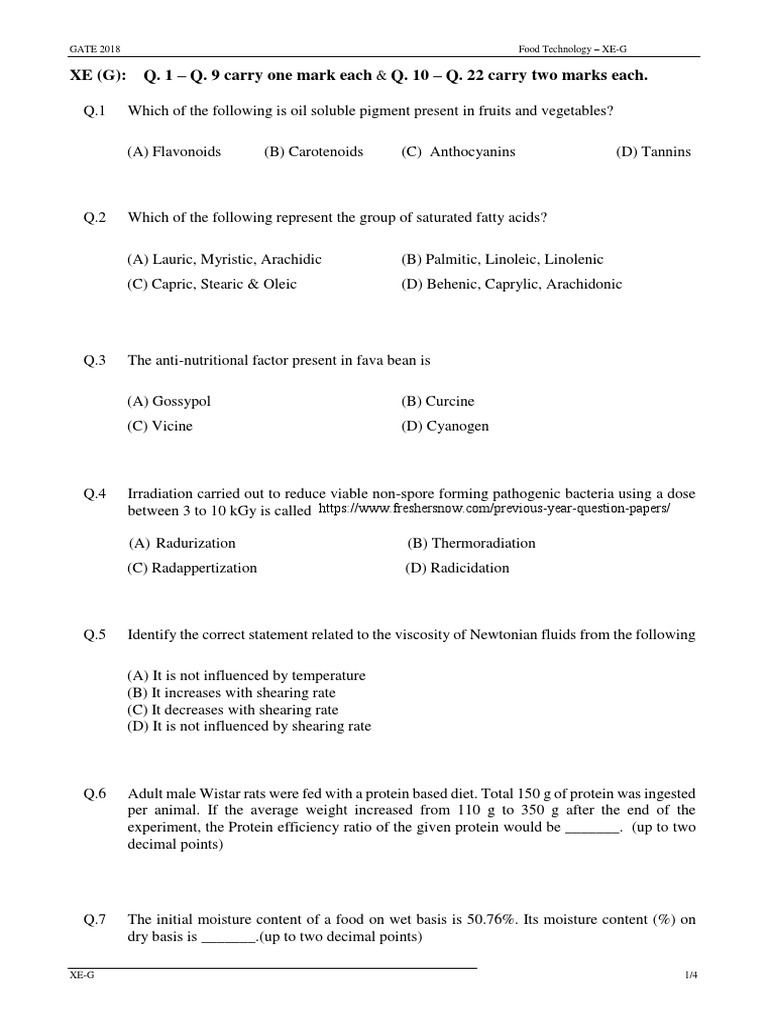 GATE 2018 Food Technology Exam Paper | PDF | Heat Transfer | Chemistry
