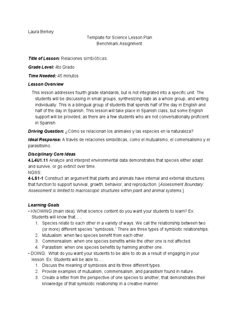 Lesson Plan Science Symbiotic Relationships-3 | PDF | Vocabulary | Learning