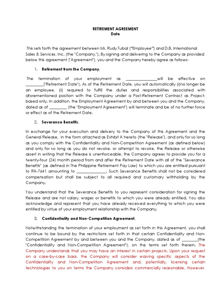 Retirement Agreement 1 | PDF | Damages | Confidentiality
