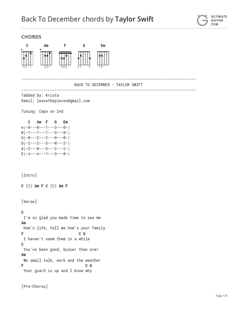 Back To December Guitar Chords