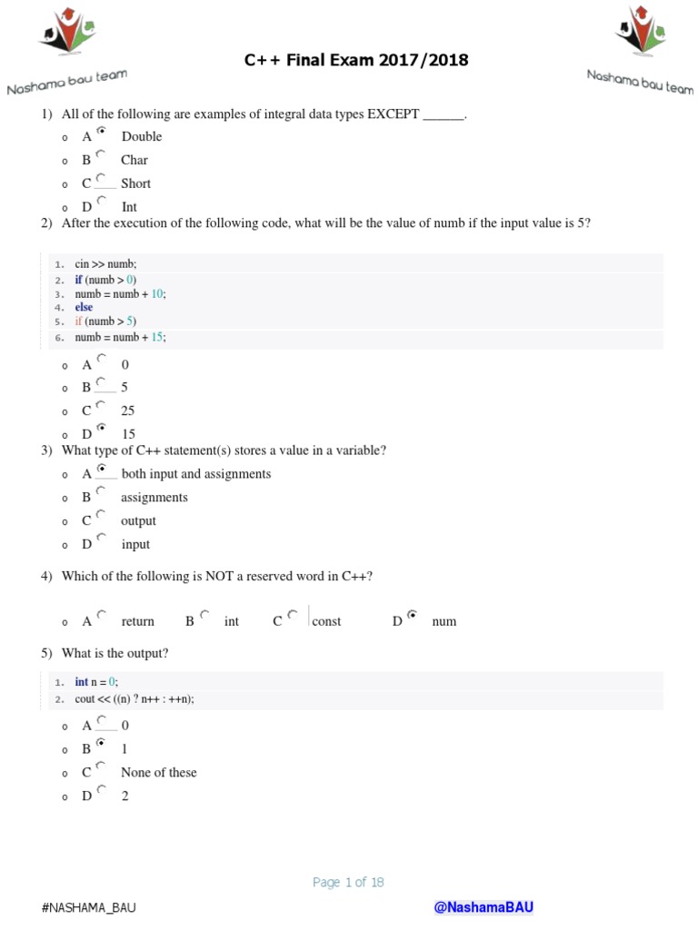 C++ Final Exam 2017/2018: Key Concepts and Questions | PDF | Control Flow | C (Programming Language)