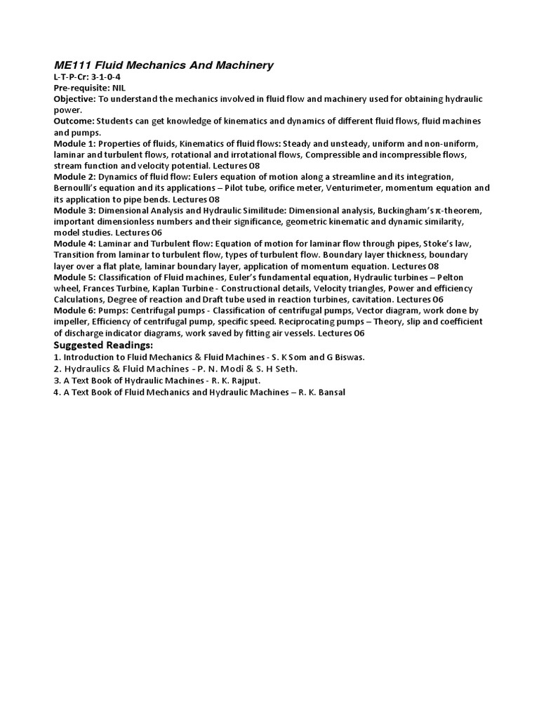 ME111 Fluid Mechanics and Machinery: Suggested Readings | PDF