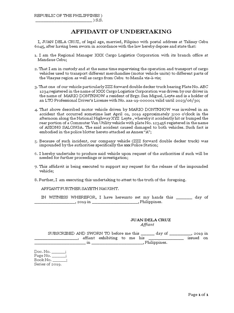 Affidavit of Undertaking - To Release Impounded Vehicle | PDF ...