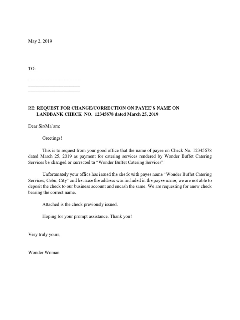 Letter Request For Correction of Check Payee | PDF