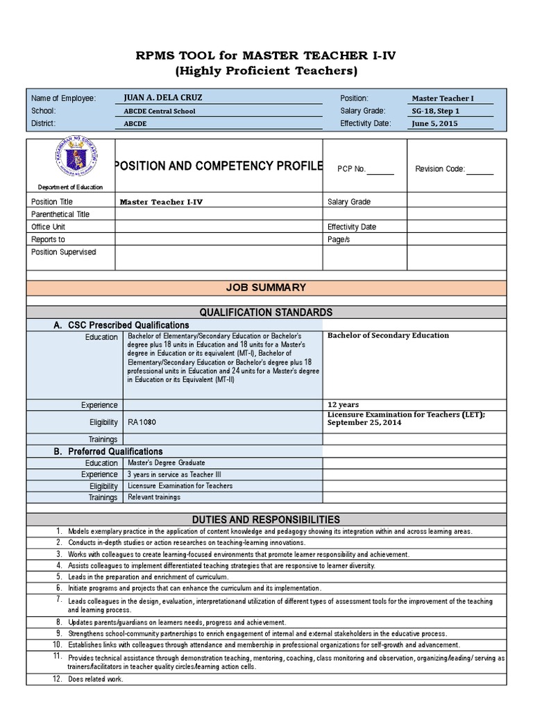 Position and Competency Profile: Rpms Tool For Master Teacher I-Iv ...