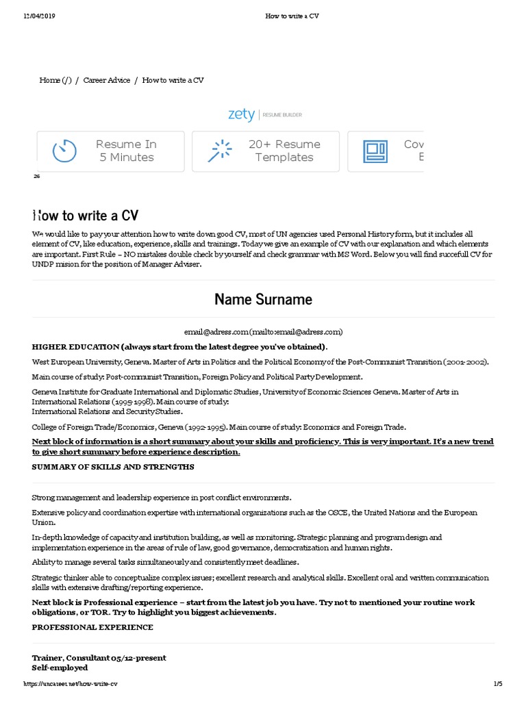 UN CV Writing Guide and Template | PDF | Organization For Security And ...