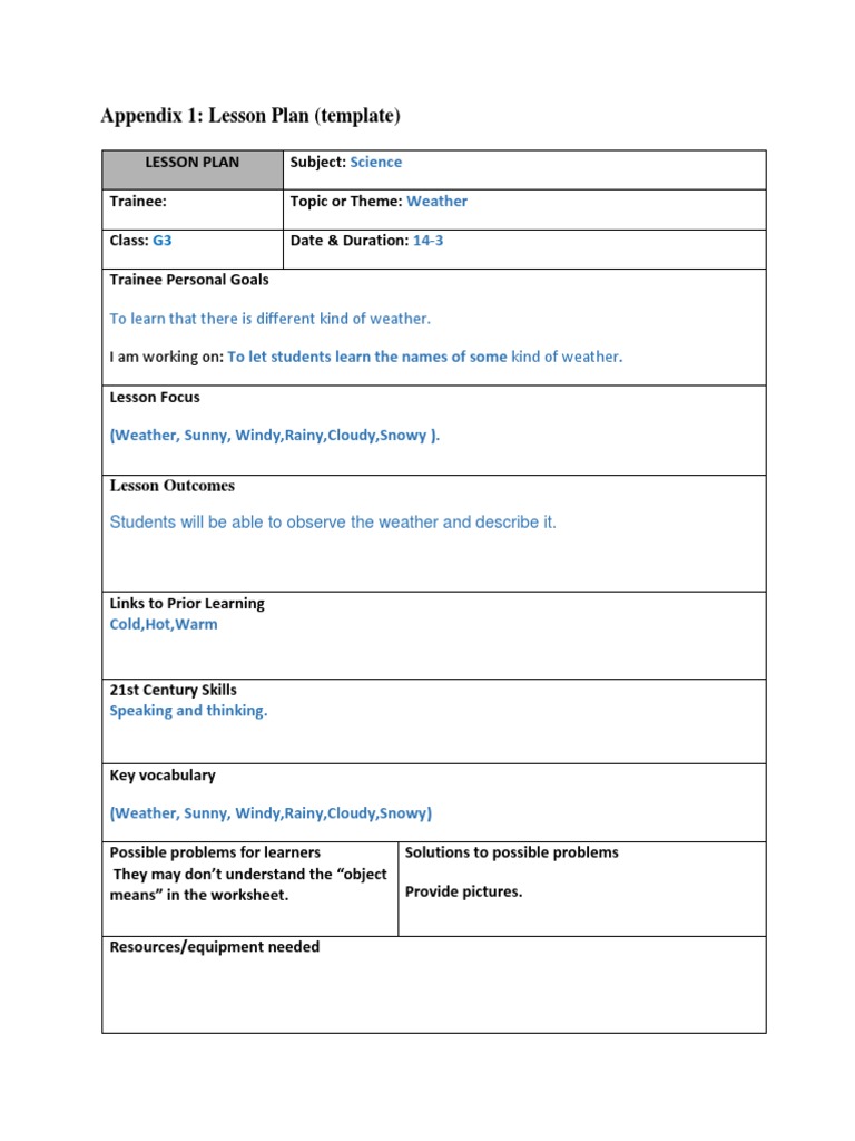 Appendix 1: Lesson Plan (Template) : Science Weather 14-3 | PDF