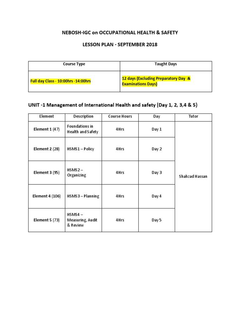NEBOSH Lesson Plan | PDF | Occupational Safety And Health | Safety