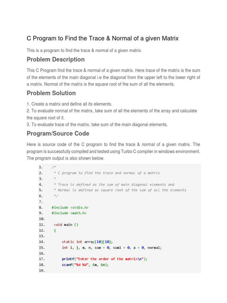 C Program To Find The Trace | PDF | Matrix (Mathematics) | C ...