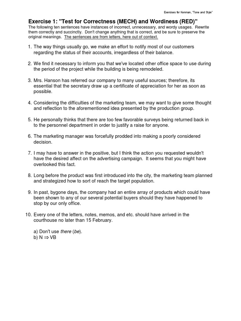 Exercise 1: "Test For Correctness (MECH) and Wordiness (RED) " | PDF ...
