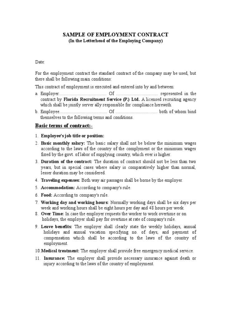 Sample of Employment Contract | PDF | Working Time | Overtime
