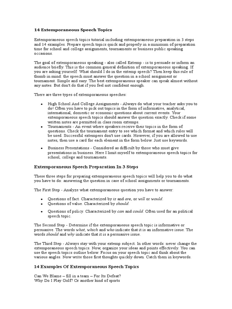 Extemporaneous Speech Topics | PDF | Communication