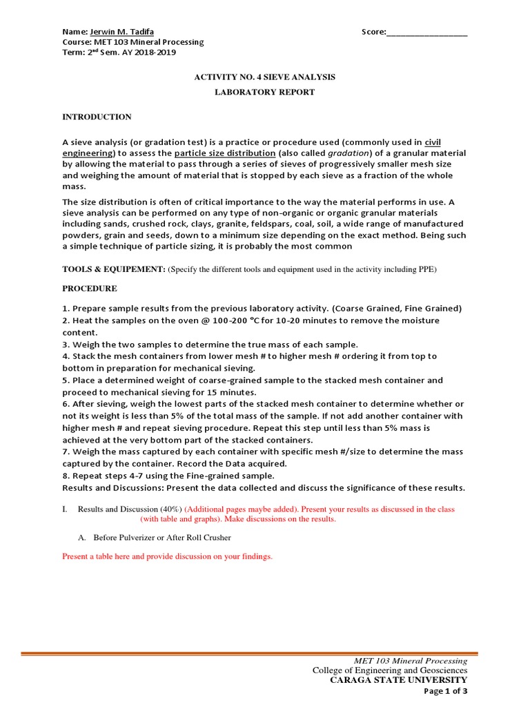 Sieve Analysis Lab Report | PDF | Materials | Chemistry Sieve Analysis Lab Report | PDF | Materials | Chemistry