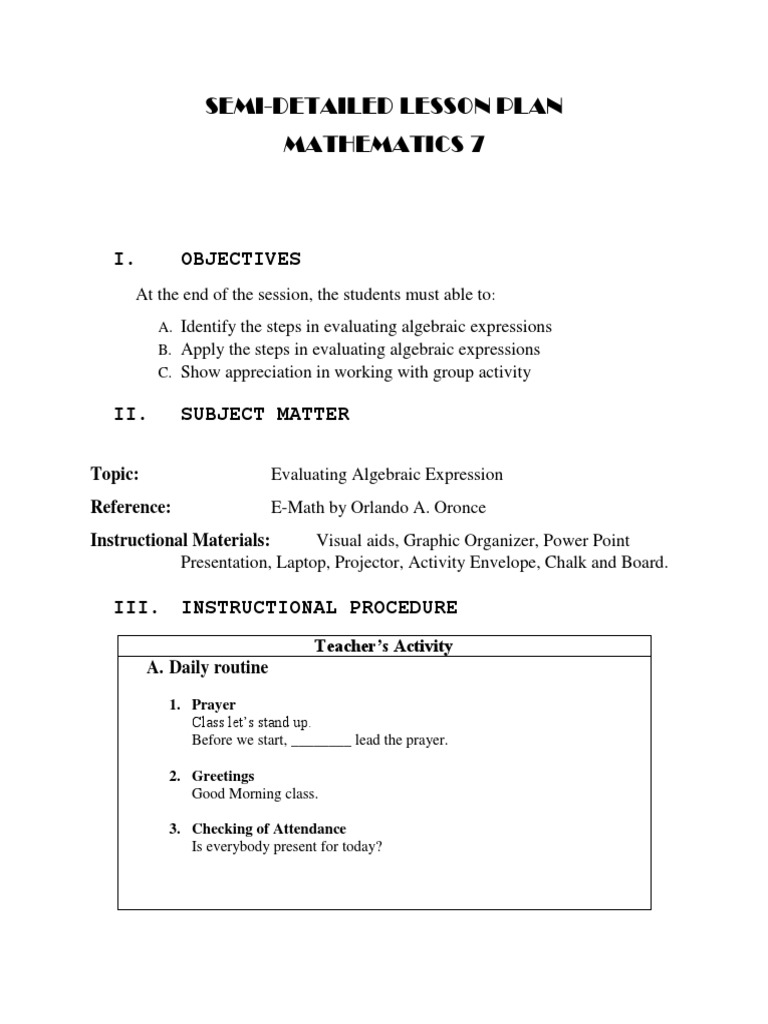 sEMIDETAILED LESSON PLAN (Hubby) | PDF | Equations | Teaching Mathematics