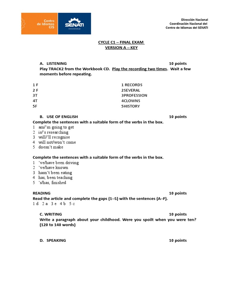 Upper-Intermediate c1 Version A Key | PDF