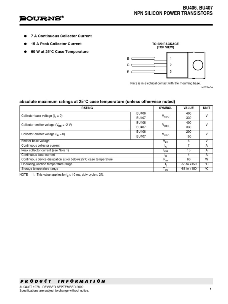 NPN SILICON POWER TRANSISTORS BU406, BU407 Data Sheet | PDF | Bipolar ...
