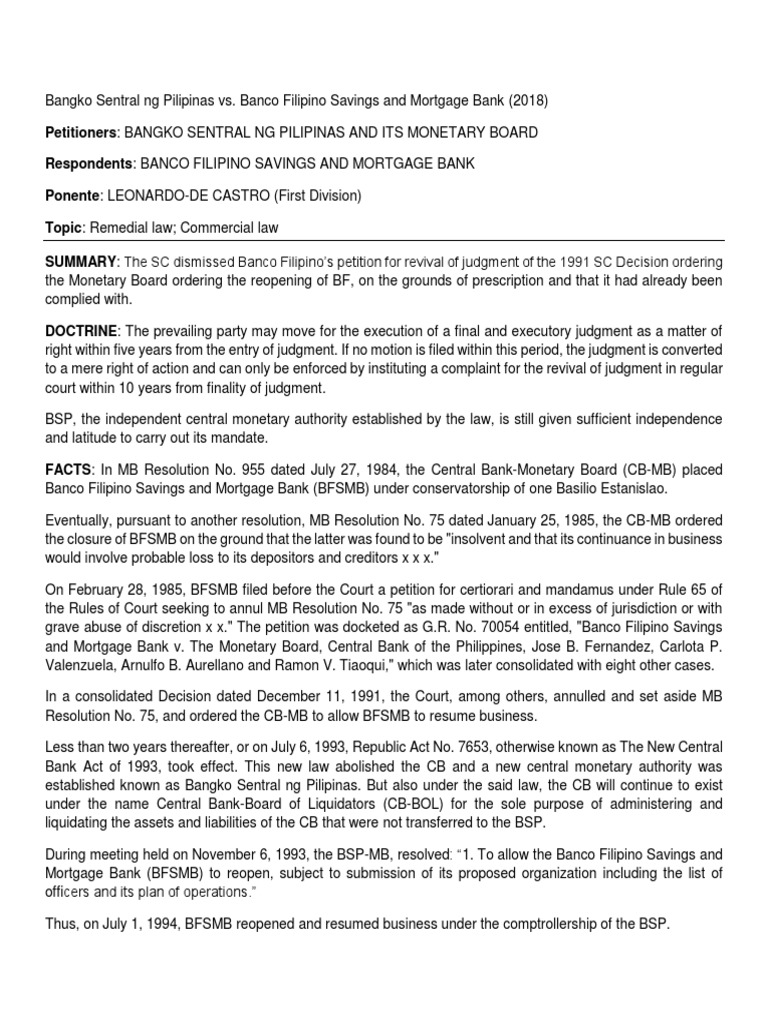 Bangko Sentral NG Pilipinas vs. Banco Filipino Savings and Mortgage ...