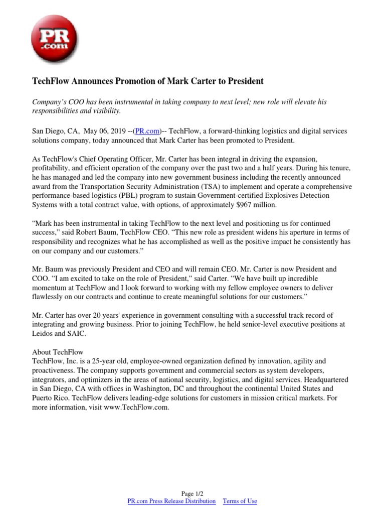 TechFlow Promotes Mark Carter to President | PDF | Public Sphere | Business