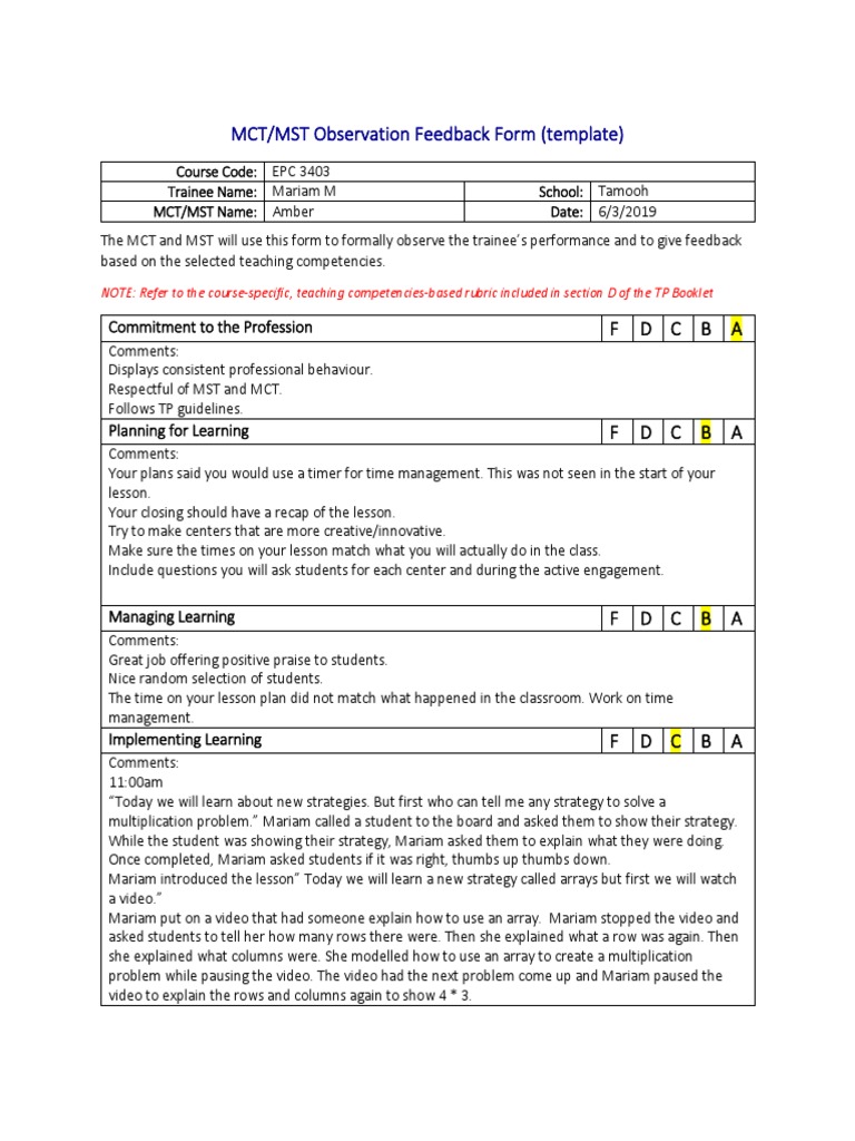 MCT/MST Observation Feedback Form (Template) : Commitment To The ...