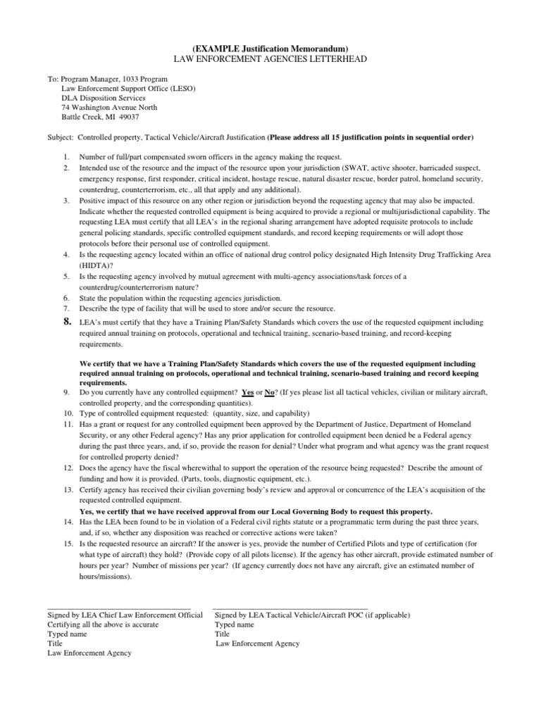 Example Justification Memorandum Law Enforcement Example Justification ...