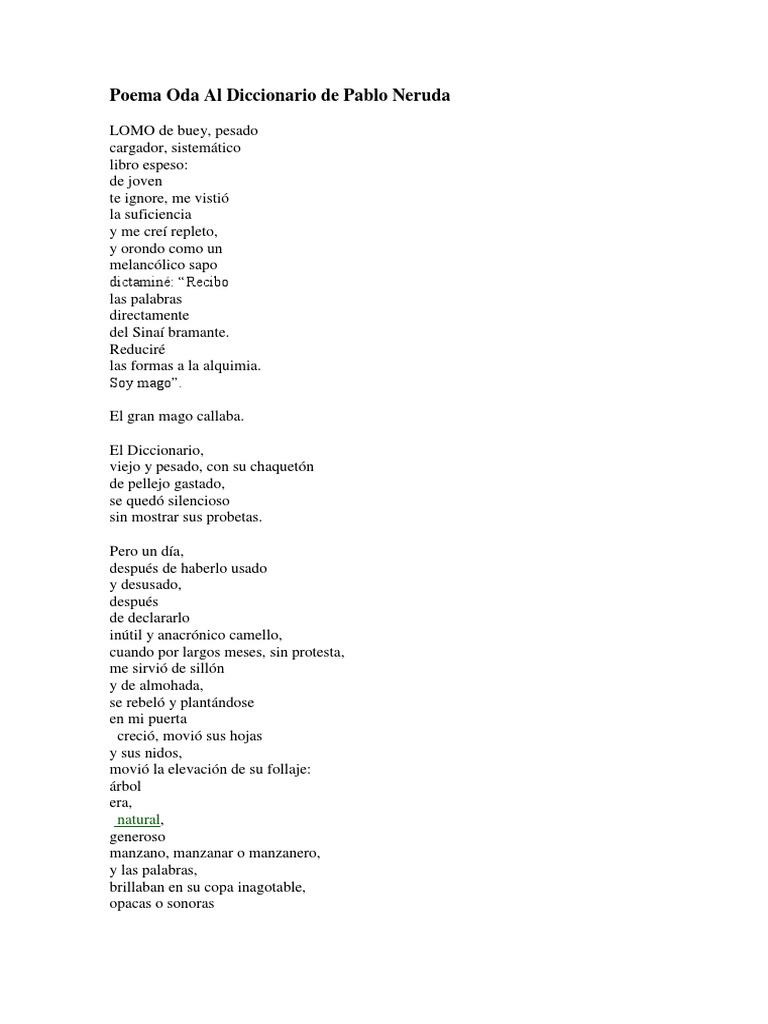 Poema Oda Al Diccionario de Pablo Neruda | Naturaleza