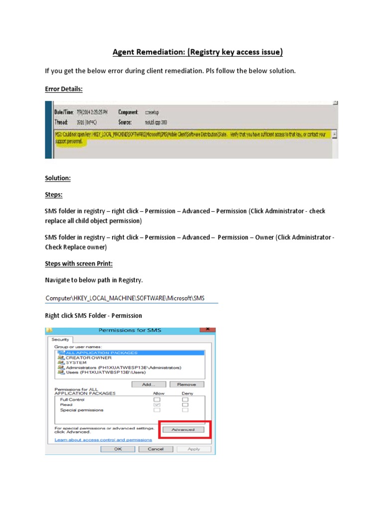 Agent Remediation - Registry Key Access Issue | PDF
