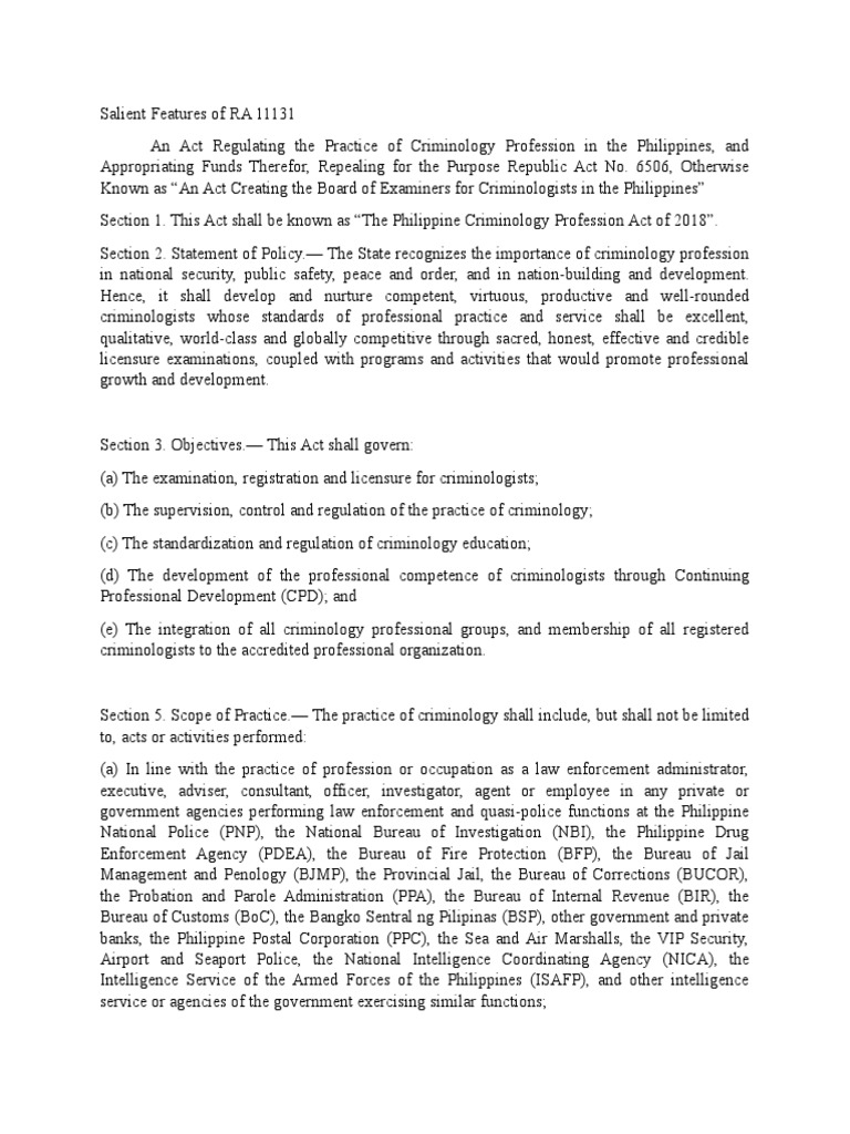 Salient Features of RA 11131 | Forensic Science | Crimes