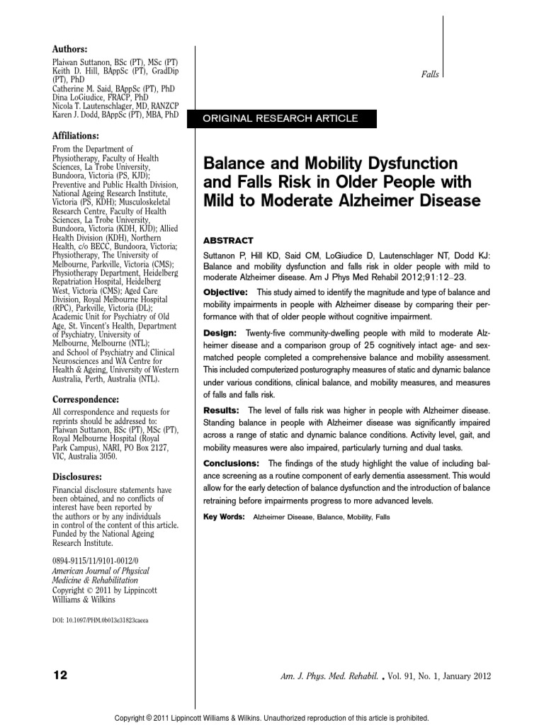 Balance and Mobility Dysfunction and Falls Risk in Older People With ...