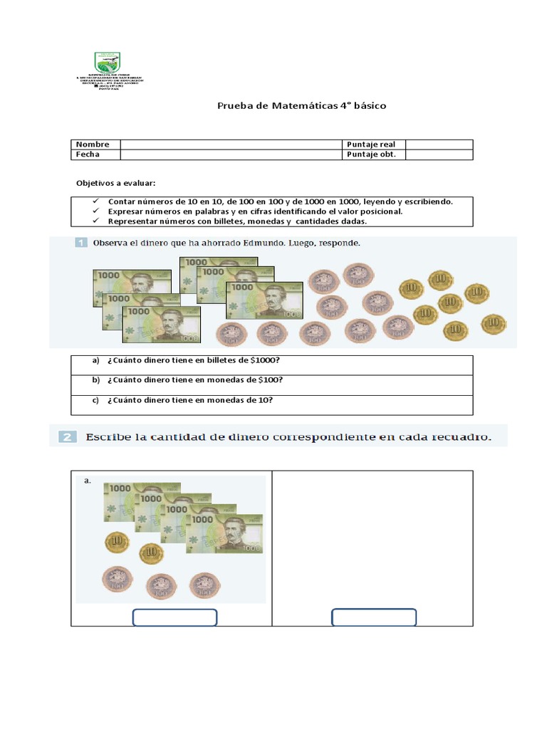 Prueba de Matemáticas1 | PDF | Dinero | Moneda