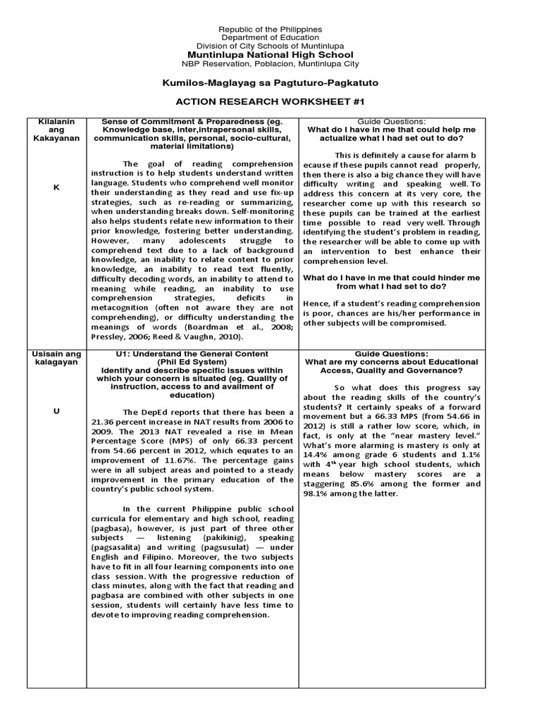 Action Research Worksheet1 | PDF | Reading Comprehension | Reading ...