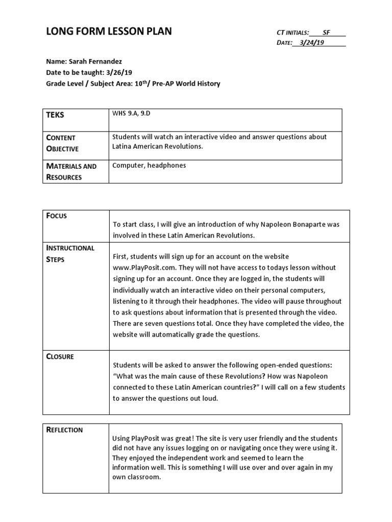 Long Form Lesson Plan: Teks C O M R | PDF