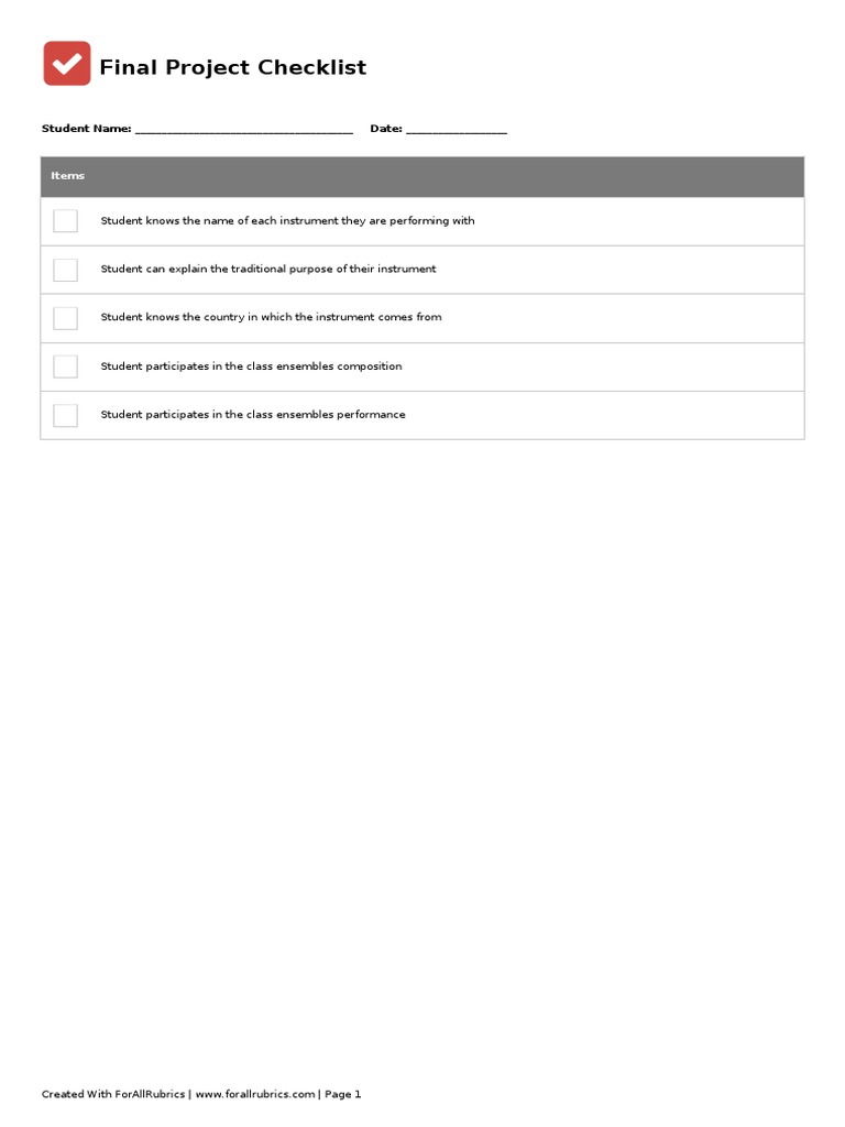 Final Project Checklist for Music Students | PDF