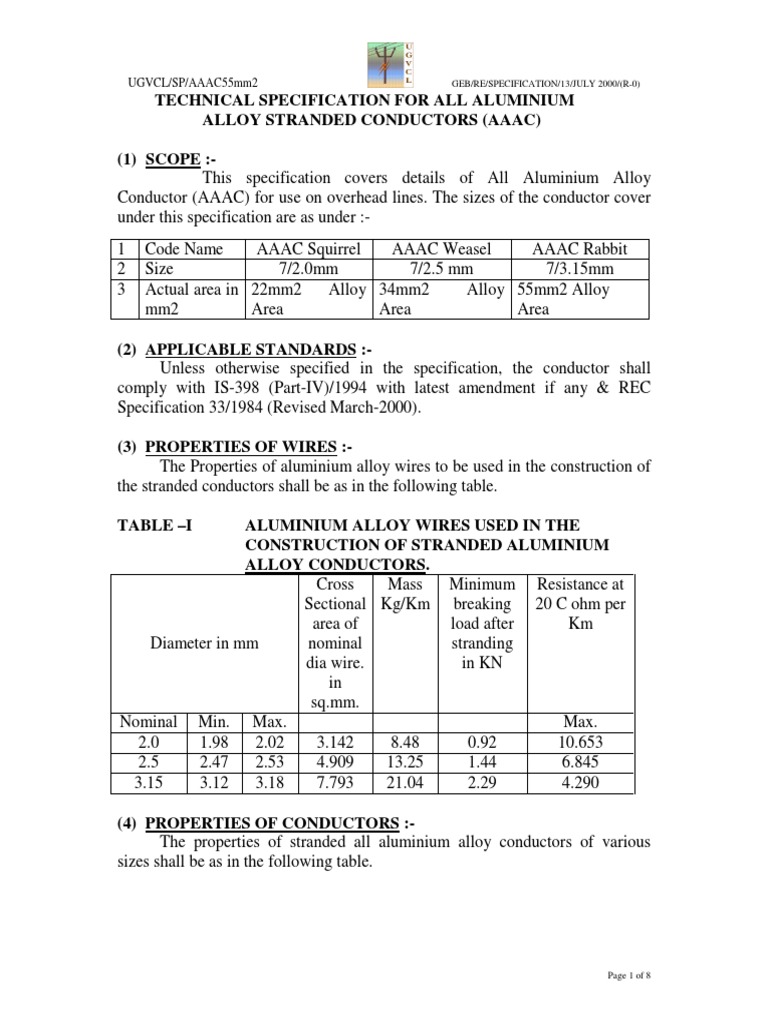 Technical Specs for 55 sq mm AAAC Conductor | PDF | Wire | Electrical ...