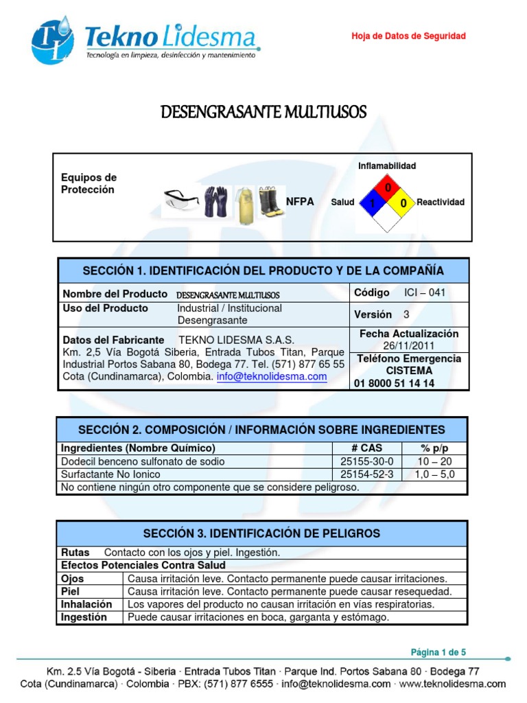 Ficha Técnica Desengrasante Multiusos | PDF | Agua | Sustancias químicas