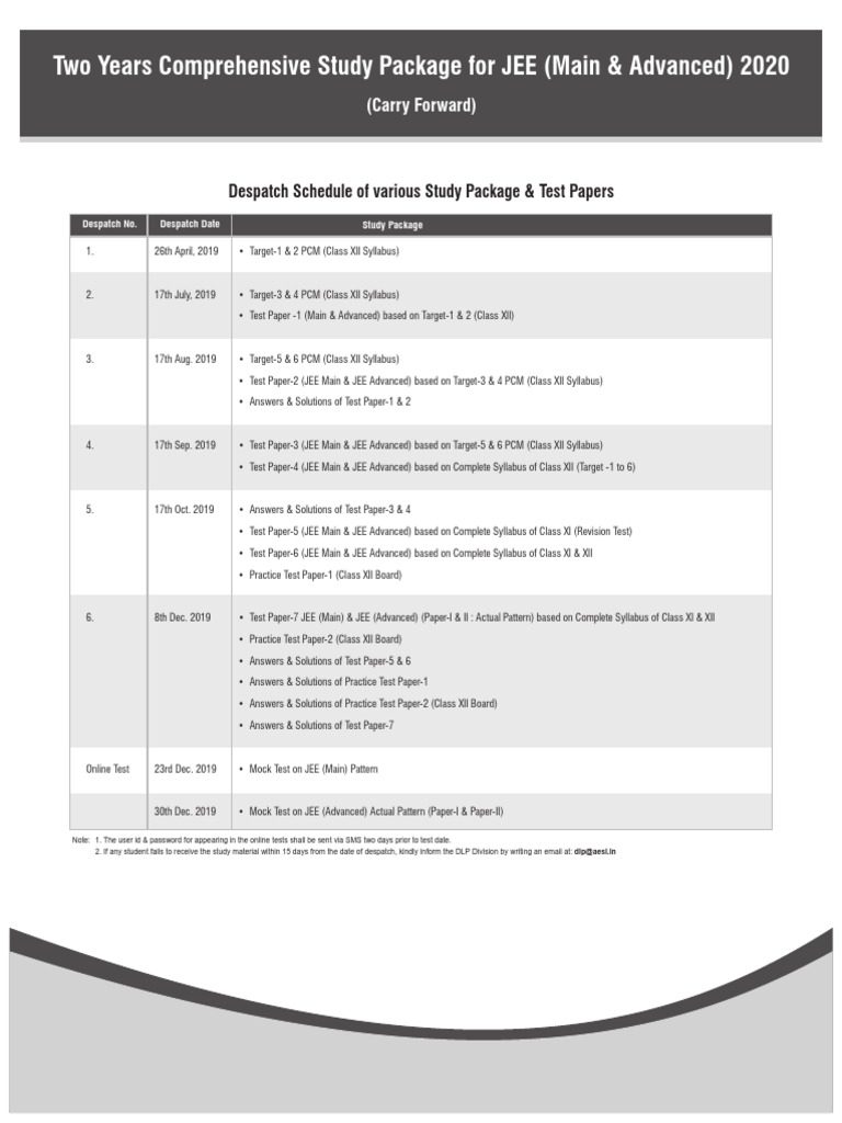 Dispatch Schedule C F For JEE (Main & Advanced) 2020 DLP PDF | PDF ...