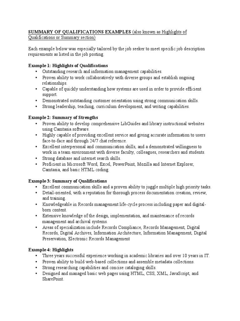 Summary of Qualifications Examples 0 PDF | PDF | Records Management ...