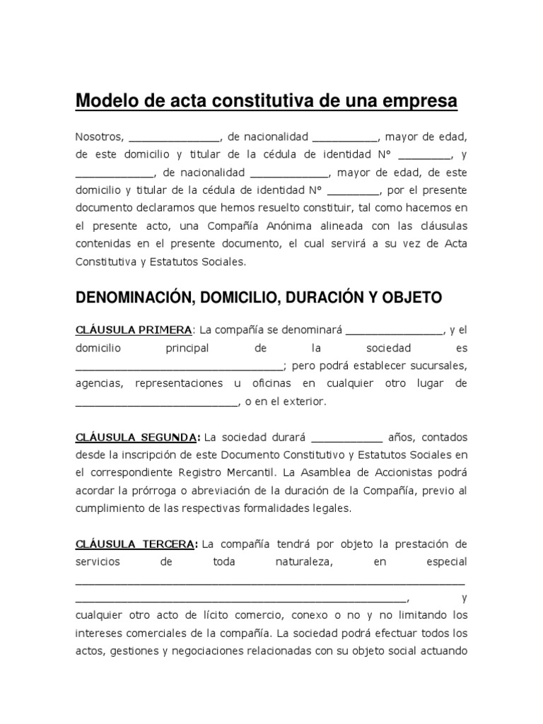 Modelo de acta constitutiva de una empresa.docx | Compartir (Finanzas) | Sociedad de ...
