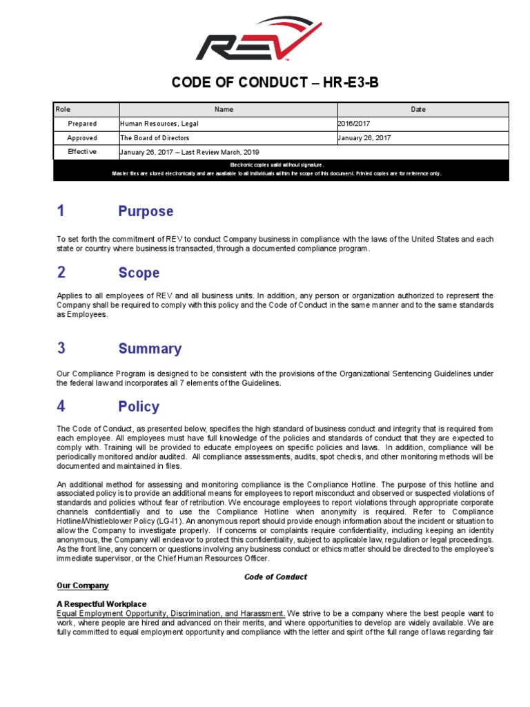 Code of Conduct - Hr-E3-B: Purpose | PDF | Insider Trading | Board Of ...