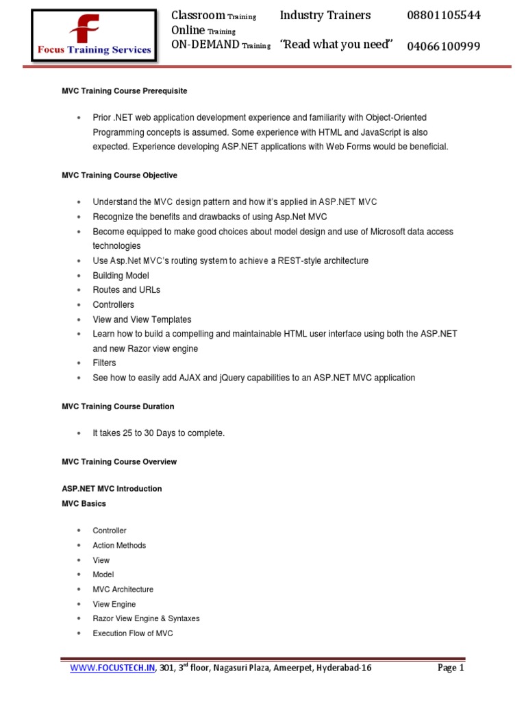 MVC Training Course Prerequisite: WWW - Focustech.In | PDF | Model–View–Controller | J Query
