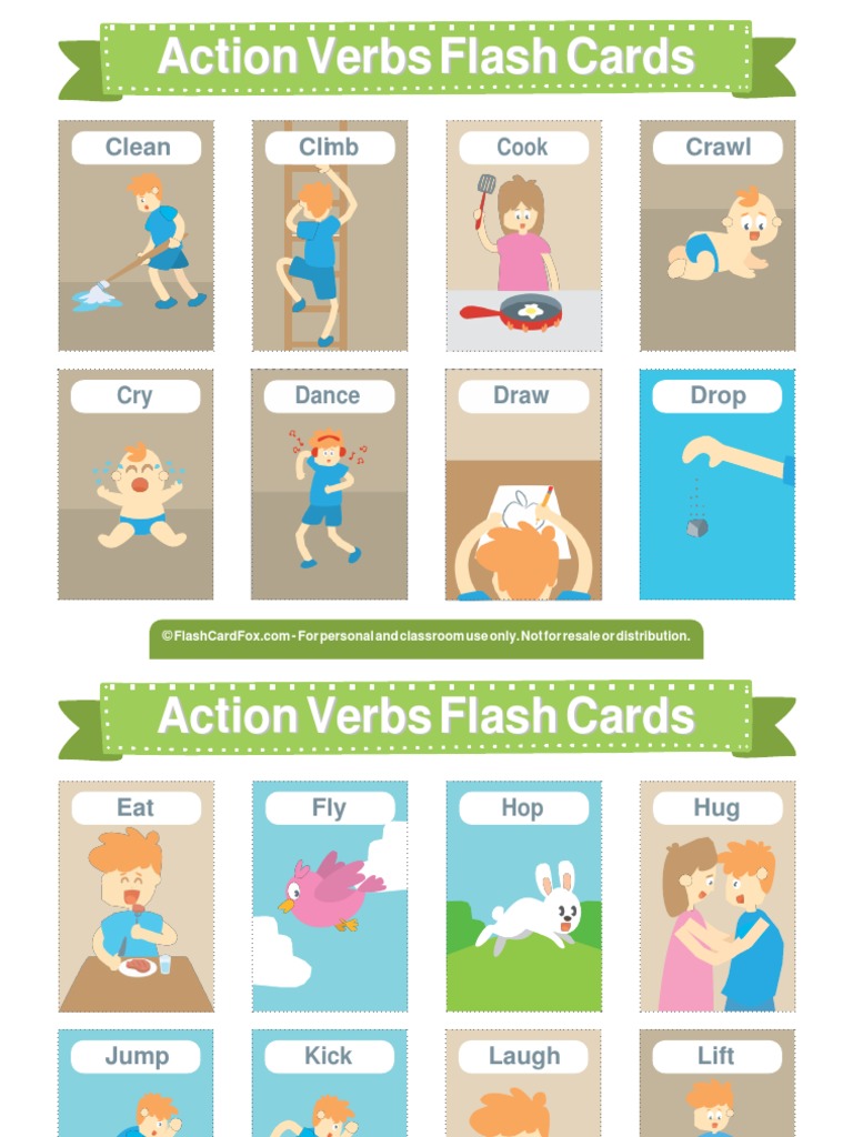 Action Verbs Flash Cards 2x3 (1) .Output | PDF