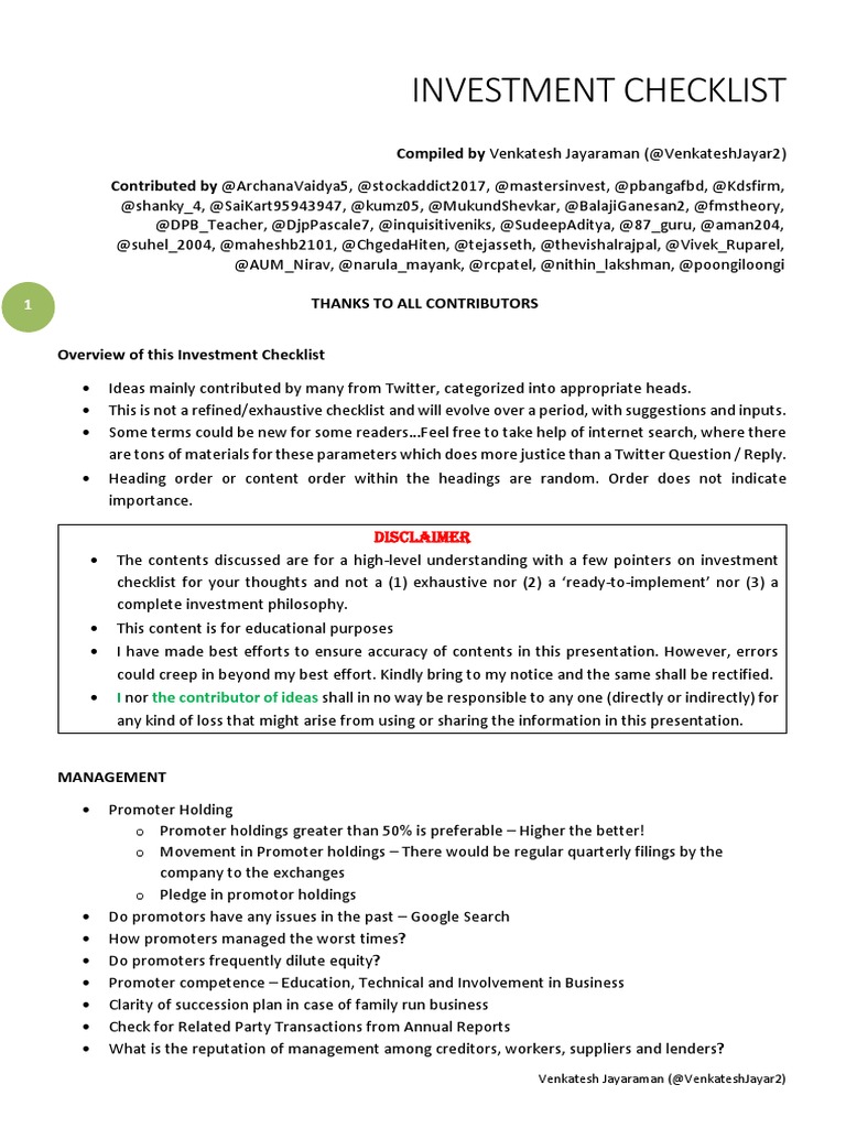 Investment Checklist PDF | PDF | Dividend | Debt