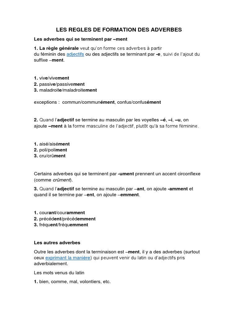 Règles de formation des adverbes en français | PDF | Genre grammatical ...